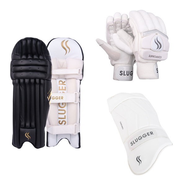 SLUGGER Corporate combo of Black Batting Leg guards/Pads, White Gloves ...